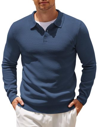 Coofandy Strick Poloshirt Herren Langarm Strickpullover Regular fit Pulli Polo Pullover Einfarbig Winter Business Pullover Button Down Polohemd Dunkelblau XXL