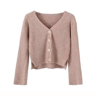 Generic Cardigan court &agrave; col en V pour femme - Style d&eacute;contract&eacute; - Manches longues - En tricot simple, kaki, Taille Unique