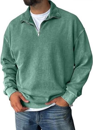 Generic Sweat-shirt l&eacute;ger uni pour homme 2026 - Demi-fermeture &eacute;clair - Manches longues avec col montant ray&eacute; - Coupe ample - Sans capuche - Pour entra&icirc;nement