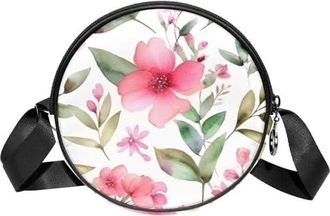 Generic Petit sac &agrave; bandouli&egrave;re circulaire pour femme, motif feuilles florales, sac &agrave; dos avec fermeture &eacute;clair, bretelles r&eacute;glables, sac &agrave; main rond d&eacute;contra