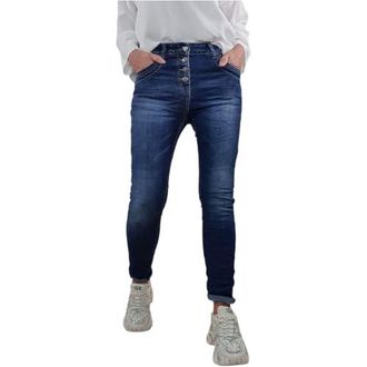 Jewelly Jean stretch | Coupe Boyfriend Baggy | Pantalon pour femme avec boutonni&egrave;re d&eacute;corative | Ajustement parfait, Bleu jeans fonc&eacute;, M