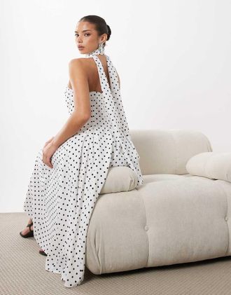 Ra-Re London - Robe mi-longue fronc&eacute;e aux hanches &agrave; pois avec bretelles et foulard amovibles - Noir et blanc-multicolore