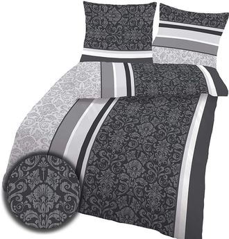 Soma Biber Bettwäsche Set, 100% Baumwolle, Reißverschluss, 135x200 cm oder 155x220 cm, mit Kopfkissenbezug 80x80 cm (anthrazit grau Boho Barock, 135 x 200 