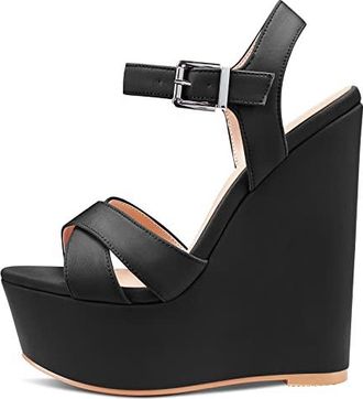Castamere Femmes Haut High Compens&eacute; Plate-forme Talon Heel 15 CM Heels Ouvert Bout Sandales Lani&egrave;res Cheville Boucle Sexy Dress Mariage Noir Satin 42 EU
