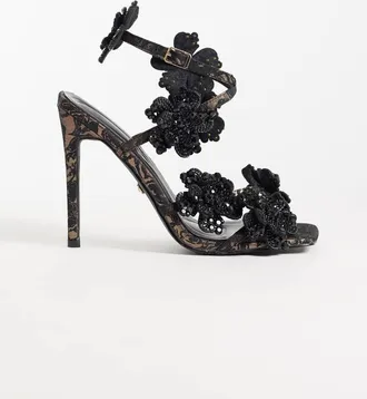 Azalea Wang Anastasia Sandalen mit hohem Absatz und Blumenverzierungen in Bronze-Braun