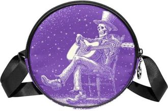 Generic Sac &agrave; bandouli&egrave;re rond pour femme, motif t&ecirc;te de mort violette, guitariste, petit sac &agrave; dos &agrave; bandouli&egrave;re avec fermeture &eacute;clair, bretelles r&eacute;glables, 