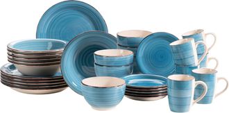 Mäser 931619 Bel Tempo II 30-teiliges Vintage Geschirr Set für 6 Personen, handbemaltes Keramik Kombiservice in Dunkelblau, Steingut, Blau
