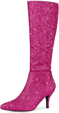Allegra K Bottes hautes pour femmes &agrave; bout pointu scintillant scintillant et talon aiguille Rose vif 41