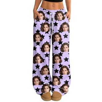 Generic Pantalon personnalis&eacute; avec photo de visage pour femme - Pantalon de jogging personnalis&eacute; avec cordon de serrage - Jambe droite, violet, M