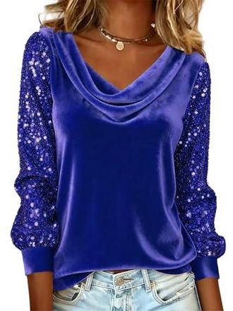 Generic Hauts en velours scintillant pour femmes, chemises &eacute;l&eacute;gantes &agrave; col b&eacute;nitier et manches longues, doux et confortable, d&eacute;contract&eacute;, v&ecirc;tements de luxe, b