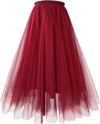 Minetom Jupe en Tulle Femme Chic Tutu Taille Élastique Ballet Danse Fête Soirée Jupe Couleur Unie Skirt A Bordeaux M