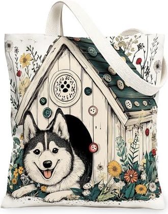 Generic Sac fourre-tout en toile motif chien husky printanier 33 x 38,1 cm, niche amusante pour chiot, sac d&eacute;picerie r&eacute;utilisable, sac d&eacute;picerie pour femme, a