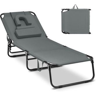 Costway Costway - Chaise Longue Pliante R&eacute;glable &agrave; 5 Positions avec Trou pour Visage, Bain de Soleil en Tissu Oxford avec 3 Coussins Amovibles, Charge 160