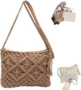Generic Pochette minimaliste &agrave; pompons pour femme - Sac r&eacute;tro en corde de coton tiss&eacute; &agrave; la main, sac &agrave; main pour les vacances, la plage boh&egrave;me, kaki, One Size