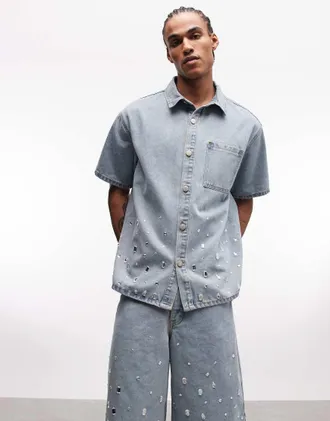 Liquor & Poker Chemise en jean densemble orn&eacute;e de strass - Bleu clair d&eacute;lav&eacute;