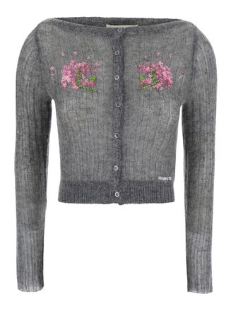 Shushu/Tong Floral Bead-Embellished Knit Cardigan - Gray