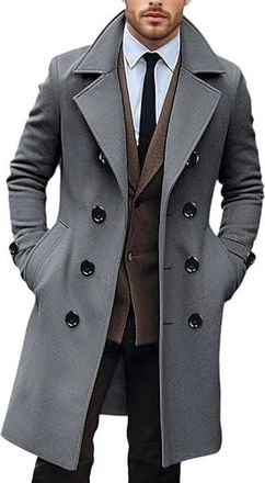 Generic Manteau long dhiver pour homme - Trench &agrave; double boutonnage - Veste &agrave; revers crant&eacute; - Veste chaude pour les affaires et les loisirs, gris fonc&eacute;, XXL