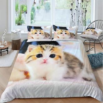 Generic Housse de Couette 240 x 260 Chat Parure de Lit 2 Personnes Chat Mignon Imprimée 3D Microfibre Douce Animaux Housse Couette Réversible avec 2 Taies dor
