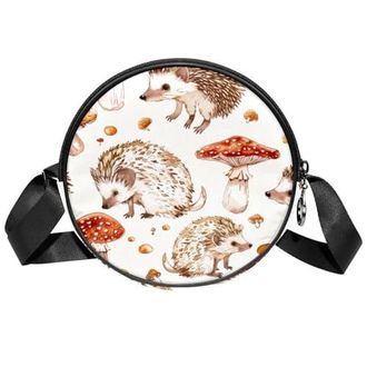 Generic Petit sac &agrave; bandouli&egrave;re circulaire pour femme, motif h&eacute;risson, champignons, sac &agrave; dos &agrave; bandouli&egrave;re avec fermeture &eacute;clair, bretelles r&eacute;glables, sac &agrave; 