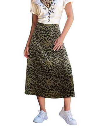 Cupshe Jupes pour femme Imprim&eacute; l&eacute;opard Taille &eacute;lastique Jupe Midi D&eacute;contract&eacute;e Vacances, Vert, XL