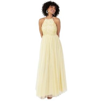 Maya Womens Ladies Bridesmaid Maxi Dress Halter Neck Sequin Embellished Prom Graduation Wedding Robe de Demoiselle dhonneur, Lemon, 46 Femme
