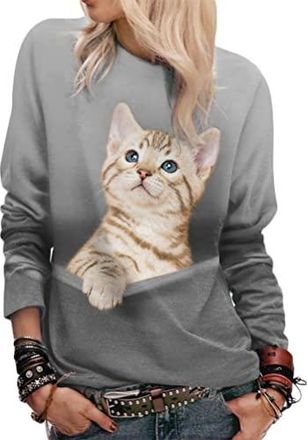 Onsoyours Femme Printemps Automne Pull 3D Chat Imprimé Sweatshirt Top Manches Longues Col Rond T Shirt Léger Casual Sweat Blouse Pullover C Stil-4 S