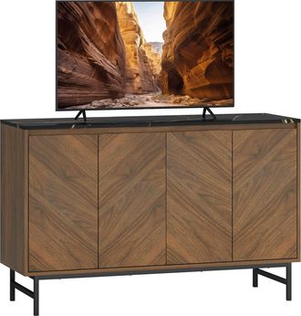HOMCOM TV-Möbel 120 cm, TV-Möbel für Fernseher bis 55 Zoll mit 4 Türen, Platte in Marmoroptik, verstellbare Regale und Stahlfüße, TV-Bank für Wohnzimmer, Sch