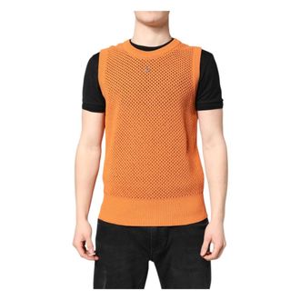Dolce & Gabbana Homme, Pulls, Orange, Taille: M Orange Cachemire Sans Manches Col Rond T-shirt