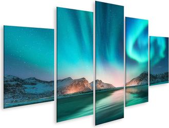 Islandburner Leinwandbild Nordlichter Am Eisigen Seeufer - Leinwand 170x80cm - 5 Teile