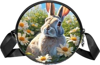 Generic Petit sac &agrave; bandouli&egrave;re circulaire pour femme, motif floral, lapin, sac &agrave; dos &agrave; bandouli&egrave;re avec fermeture &eacute;clair, bretelles r&eacute;glables, sac &agrave; main ron