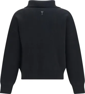 Ami High-Neck Buttoned Merino Wool Sweater - Black