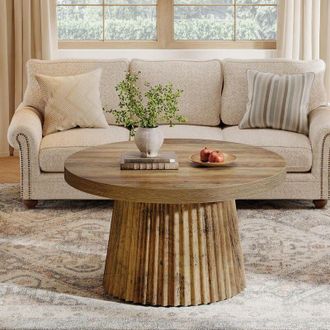 Tribesigns Tribesigns Table Basse Ronde, 80 cm, Table Centrale Circulaire Moderne avec Base en Tambour cannel&eacute; et Finition Grain de Bois, Table de Cocktail