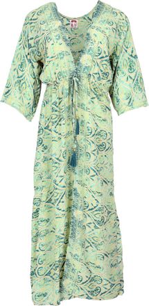 Guru Shop Kimonokleid, Seidig Gl&auml;nzender Boho Kimono, Kimonomantel - Gr&uuml;n/Petrol, Damen, Synthetisch