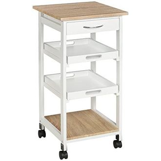 HOMCOM Chariot de Service desserte de Cuisine &agrave; roulettes 2 Plateaux Amovibles, tiroir, &eacute;tag&egrave;re ch&ecirc;ne Clair Bois pin Blanc