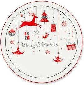 Excelsa Merry Christmas Panettone oder Pizzateller, Set mit 6 Stück, 30,5 cm, weißes Porzellan mit roten Weihnachtsdekorationen