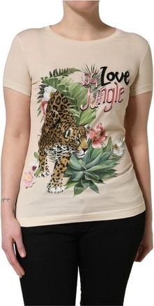 Dolce & Gabbana Femme, Tops, Beige, Taille: 36 FR T-Shirt Col Rond en Coton Imprim&eacute; Jungle