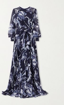 Erdem Robe Du Soir En Mousseline Imprim&eacute;e &Agrave; Plis Et &Agrave; Ceinture - Bleu