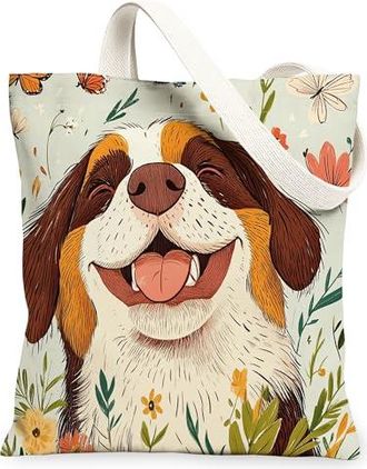 Generic Sac fourre-tout en toile motif chien du printemps Saint-Bernard 33 x 38,1 cm, sac d&eacute;picerie r&eacute;utilisable pour femme, peinture danimaux domestiques, d&eacute;
