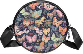 Generic Sac &agrave; bandouli&egrave;re rond pour femme, motif papillon, fleurs, petit sac &agrave; bandouli&egrave;re avec fermeture &eacute;clair, bretelles r&eacute;glables, sac &agrave; main rond d&eacute;contr