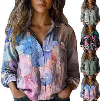 Generic HUIFUAO Chemise Femme Lin Coton Manche Longue Shirt Grande Taille Chemise et Blouses Chic et &eacute;l&eacute;gant Haut Basique Imprim&eacute; Tunique Tops avec Poche (A07