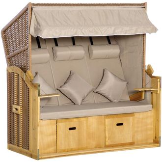OUTSUNNY Strandkorb 3-Sitzer Sonnenliege mit Dach 2 Klapptischen Fu&szlig;st&uuml;tze Chaiselongue 5-stufige R&uuml;ckenlehne XXL Polyrattan Natur 150 x 79 x 160 cm