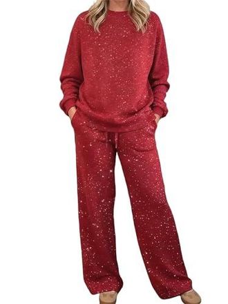 Generic Ensemble de salon 2 pièces pour femme - Sweat-shirt et pantalon brillants à col rond - Tenue de voyage - Ensemble deux pièces à paillettes, Rouge, 3XL