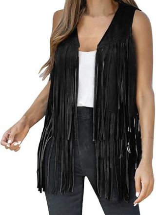 Generic HUIFUAO Gilet long &agrave; franges pour femme sans manches Cowgirl Tenue de cowgirl Gilet Vintage Western V&ecirc;tements Veste des ann&eacute;es 70 hippie Cardigan Gile