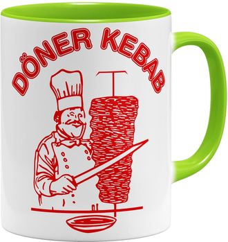 OM3 D&ouml;ner Kebab Kaffee-Tasse Kult Logo D&ouml;nermann Drehspie&szlig; - Keramik Becher - 325ml - Beidseitig Bedruckt - Hellgr&uuml;n