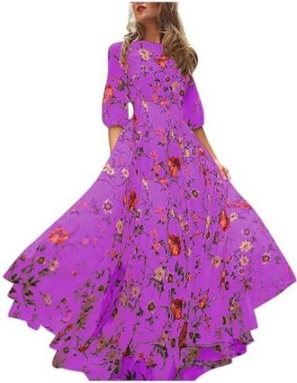 Generic Robe amincissante longue en mousseline de soie &agrave; motif floral pour femme, tenue d&eacute;contract&eacute;e pour printemps et automne avec jupe &eacute;vas&eacute;e, coupe ajust&eacute;e