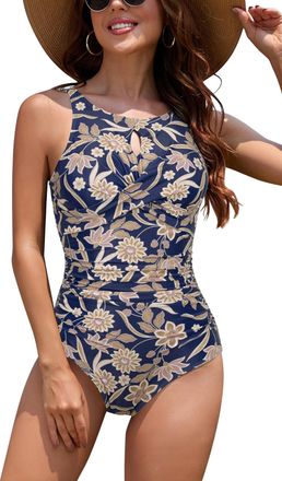 SHEKINI Damen High Neck Badeanzug mit Zierausschnitten Raffung Bauchweg Strandmode Einteilige Bademode Swimsuit (DE/NL/SE/PL, Alphanumerisch, XXL, Regular, Re