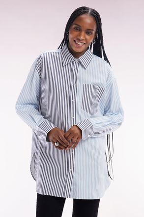 Eden Park Chemise &Agrave; Patchwork De Rayures En Coton Bleu Coupe Oversized
