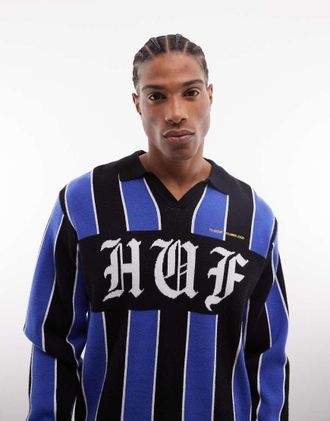 HUF Midfield - Maillot style football en maille &agrave; rayures avec col V - Bleu et noir-multicolore