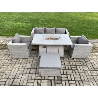 Fimous 6-Sitzer Polyrattan Gartenm&ouml;bel Set mit Sofa, Gas Feuertisch und 2 Sessel,Hocker Outdoor Terrassen Essgruppe Helles Grau - Fimous