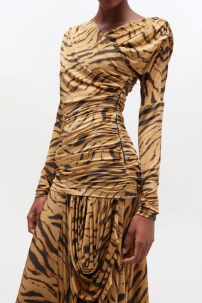 Ganni gr&uuml;n Kleid mit Zebra-Print und Raffungen Viskose - Gr&ouml;&szlig;e 32